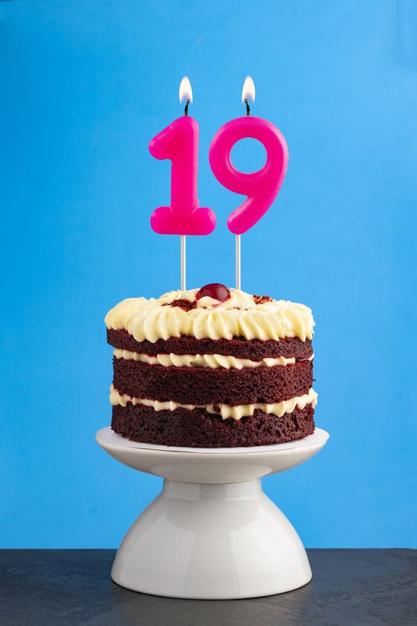 Red Velvet Birthday Cake with Number 19 Candle Stock Image - Image of ...