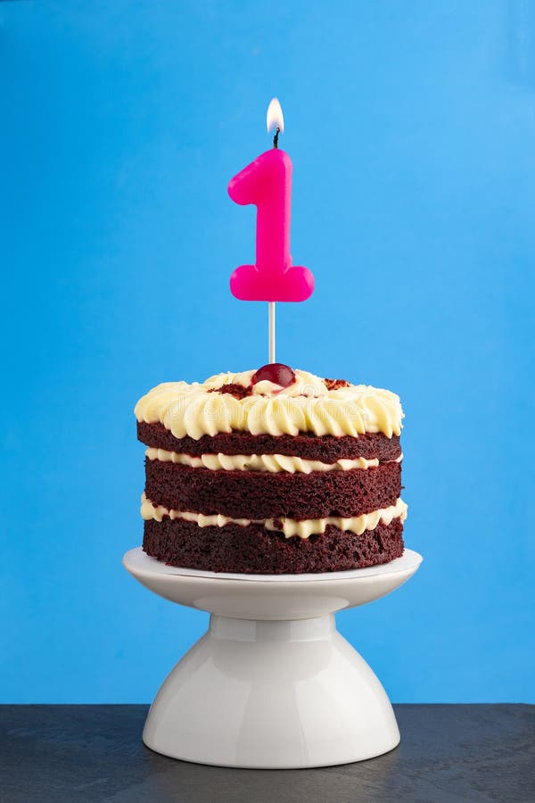 Red Velvet Birthday Cake with Number 1 Candle Stock Image - Image of ...