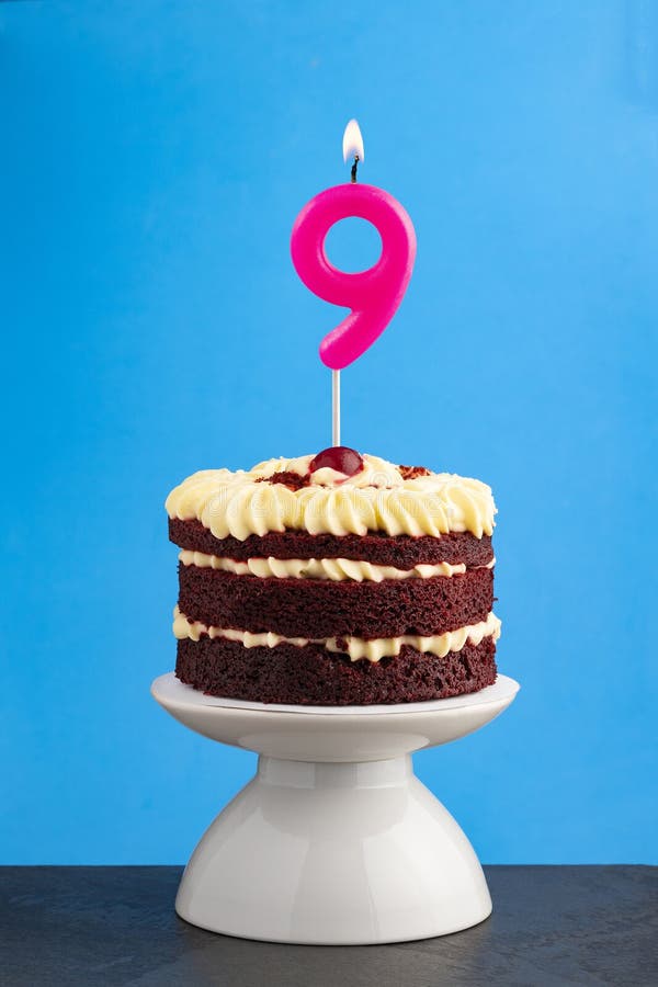 Red Velvet Birthday Cake with Number 9 Candle Stock Image - Image of ...