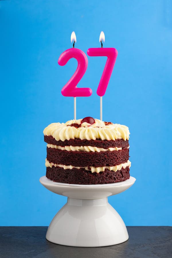Red Velvet Birthday Cake with Number 27 Candle Stock Image - Image of ...