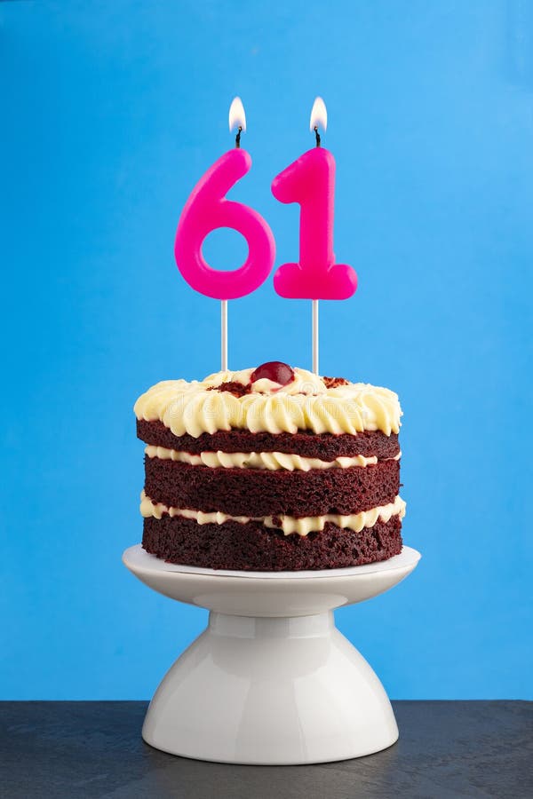 Red Velvet Birthday Cake with Number 61 Candle Stock Image - Image of ...