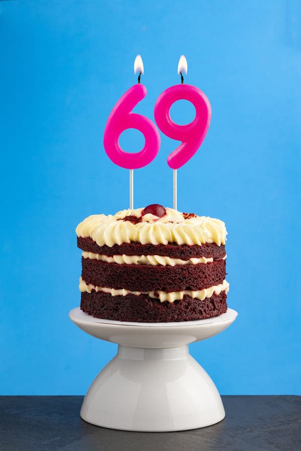 Red Velvet Birthday Cake with Number 69 Candle Stock Image - Image of ...