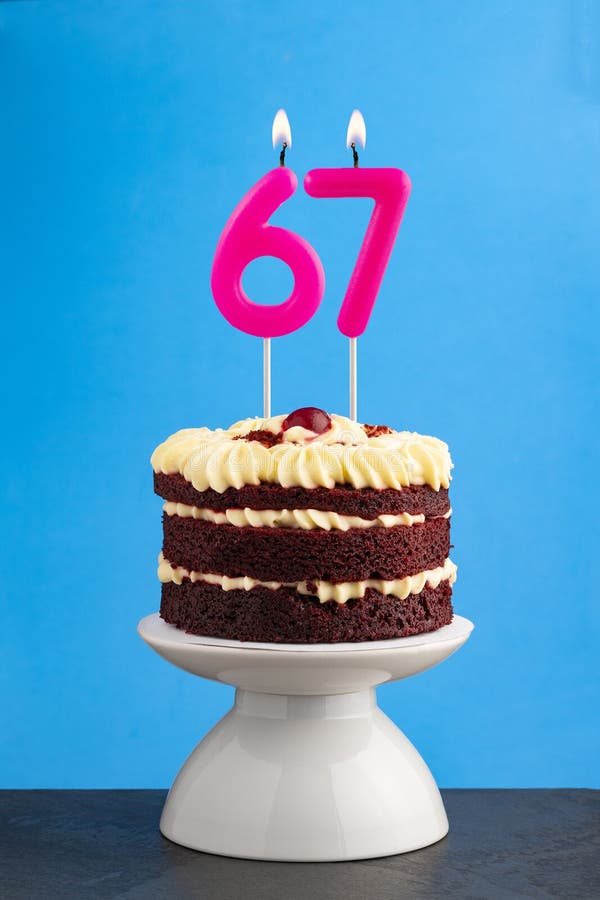 Red Velvet Birthday Cake with Number 67 Candle Stock Illustration ...