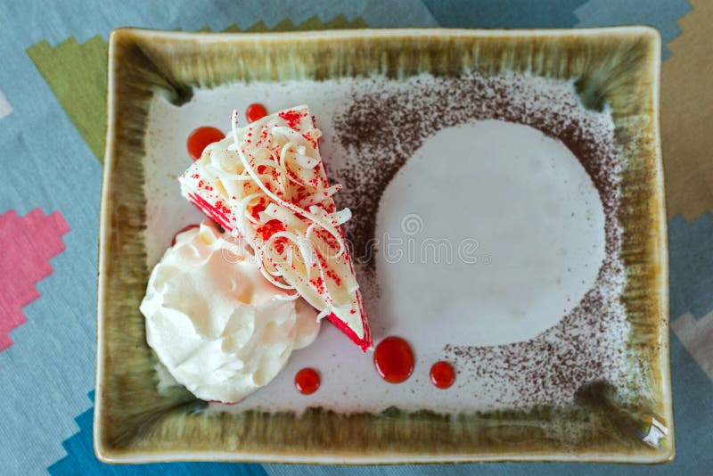 Red velvet cake on plate stock photo. Image of baked - 93527688