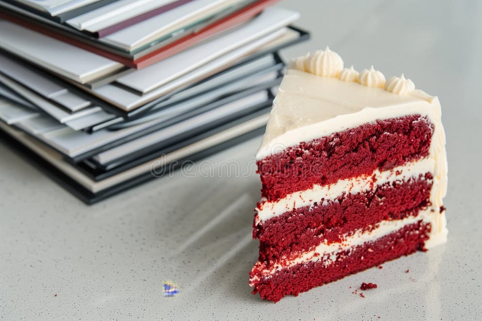Red Velvet Cake Slice by a Stack of Report Files Stock Image - Image of ...