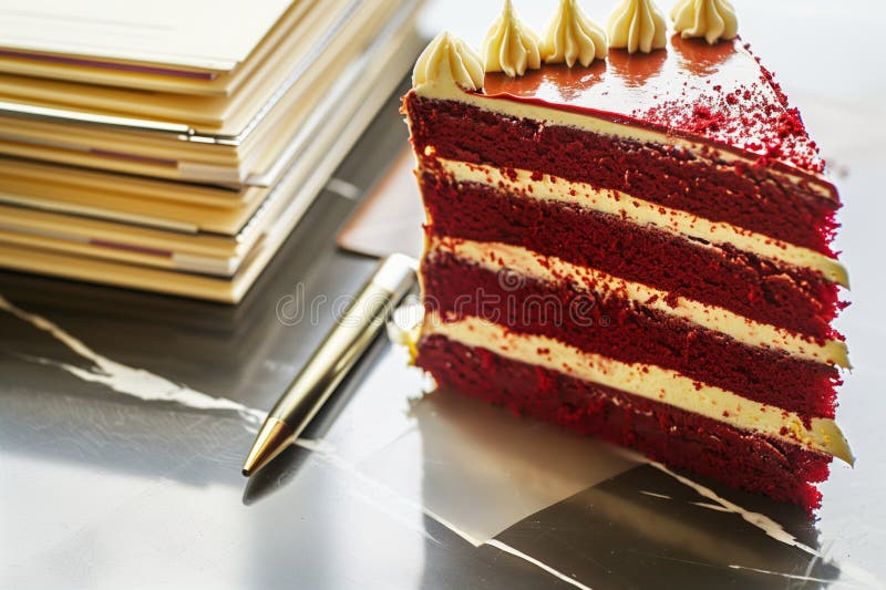 Red Velvet Cake Slice by a Stack of Report Files Stock Photo - Image of ...