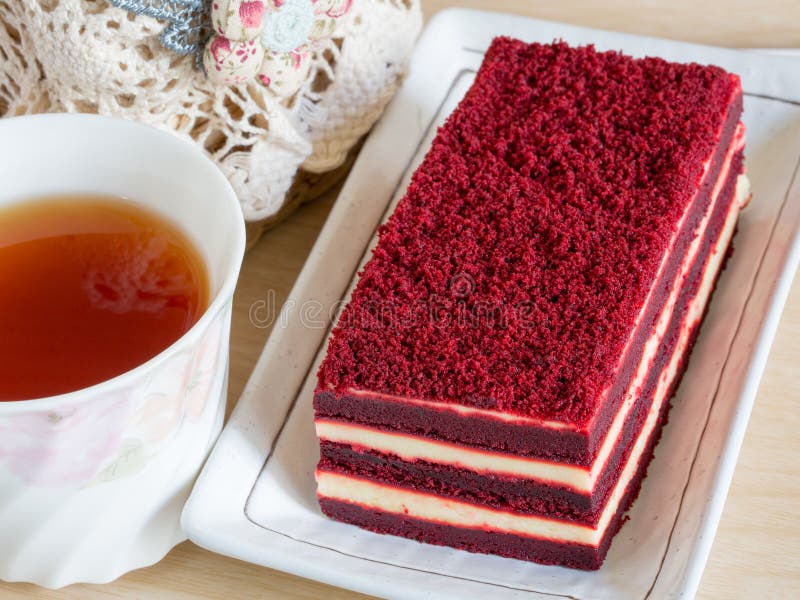 Red Velvet Cake on Wood Table and Cup of Tea Stock Photo - Image of ...
