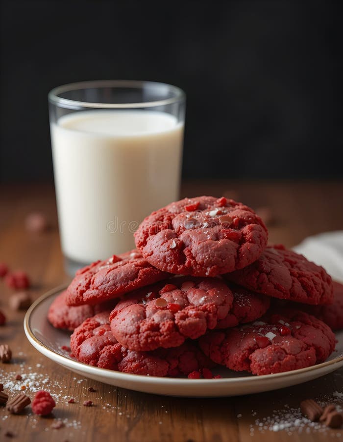 Red Velvet Cookies with Milk Stock Illustration - Illustration of food ...
