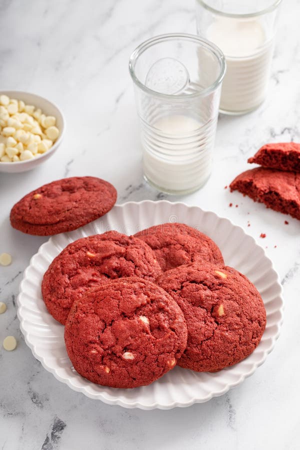 Red Velvet Cookies with White Chocolate Chips with Milk Stock Image ...