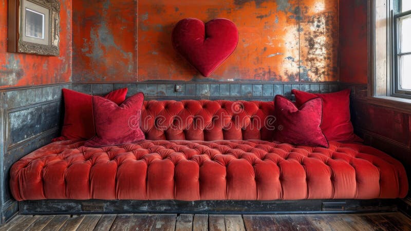 A Red Velvet Couch with a Heart Shaped Pillow on Top of it, AI Stock ...