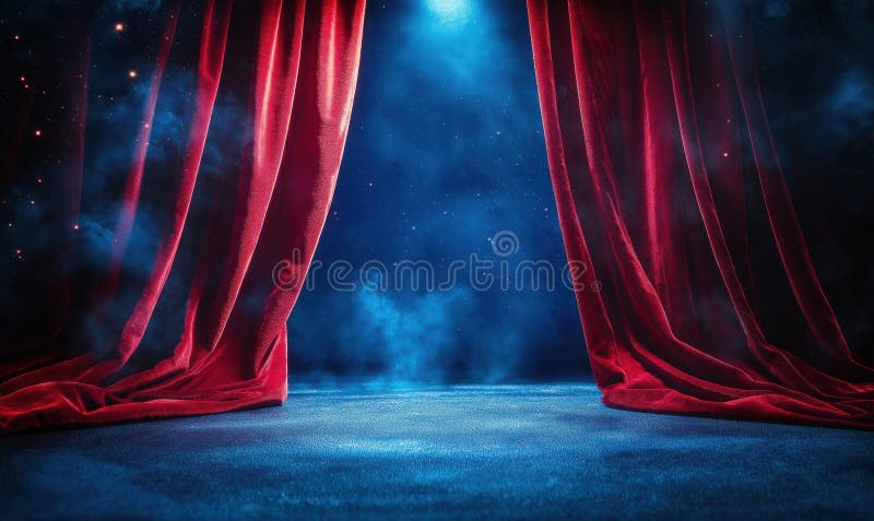 Red Velvet Curtains Opening To Starry Night Sky with Dramatic Lighting ...