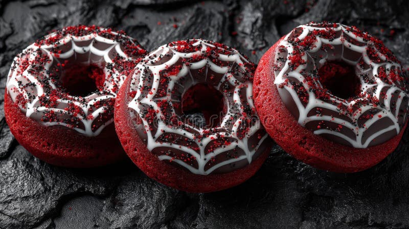 Red Velvet Donuts with Spiderweb Decoration on Dark Background Stock ...