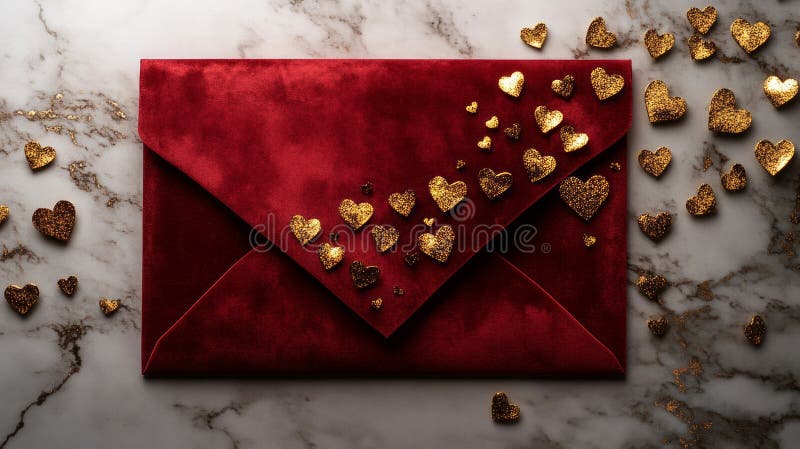 Red Velvet Envelope with Gold Glitter Hearts on Marble Stock ...