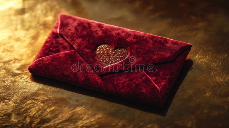 Red Velvet Envelope with Heart Detail on Gold Surface Stock ...