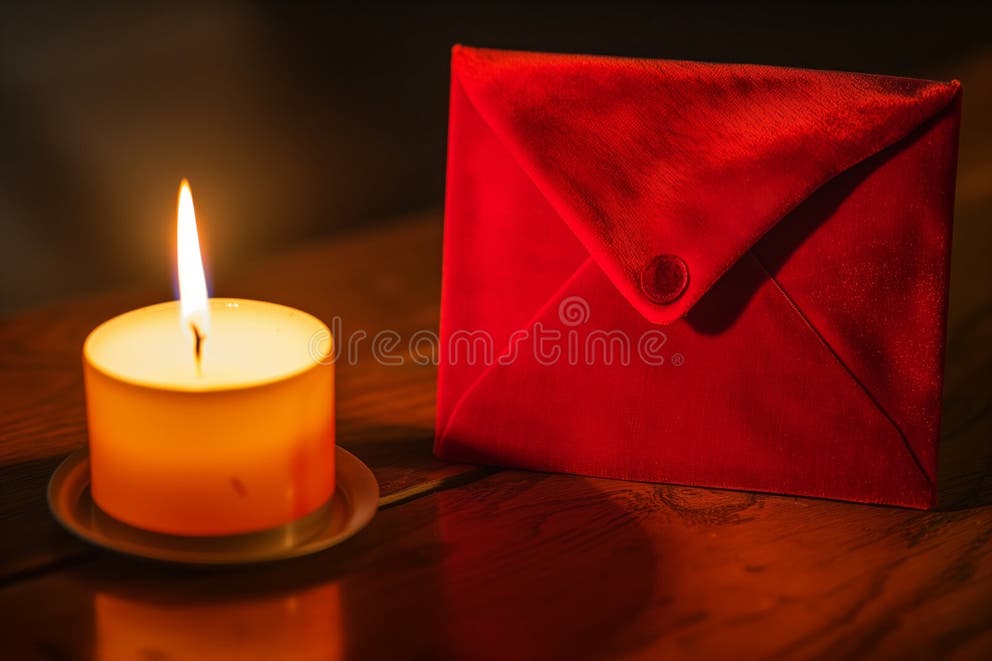 Red Velvet Envelope beside a Lit Candle Stock Image - Image of intimacy ...
