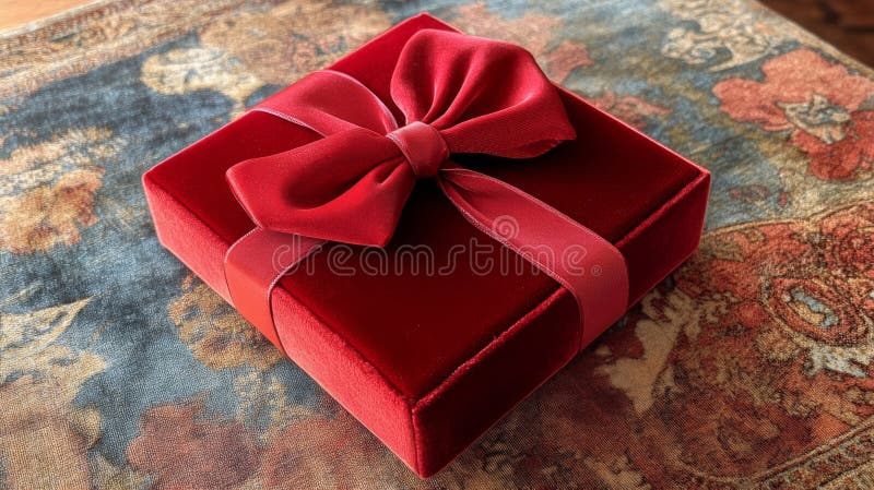 Red Velvet Gift Box with a Bow on a Patterned Surface Stock ...