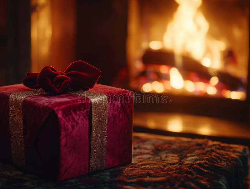 A Red Velvet Gift Box in Front of a Cozy Fireplace Stock Illustration ...