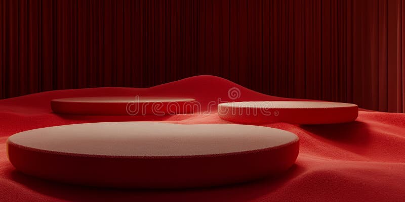 Red Velvet Podiums on Undulating Surface with Draped Curtains Abstract ...