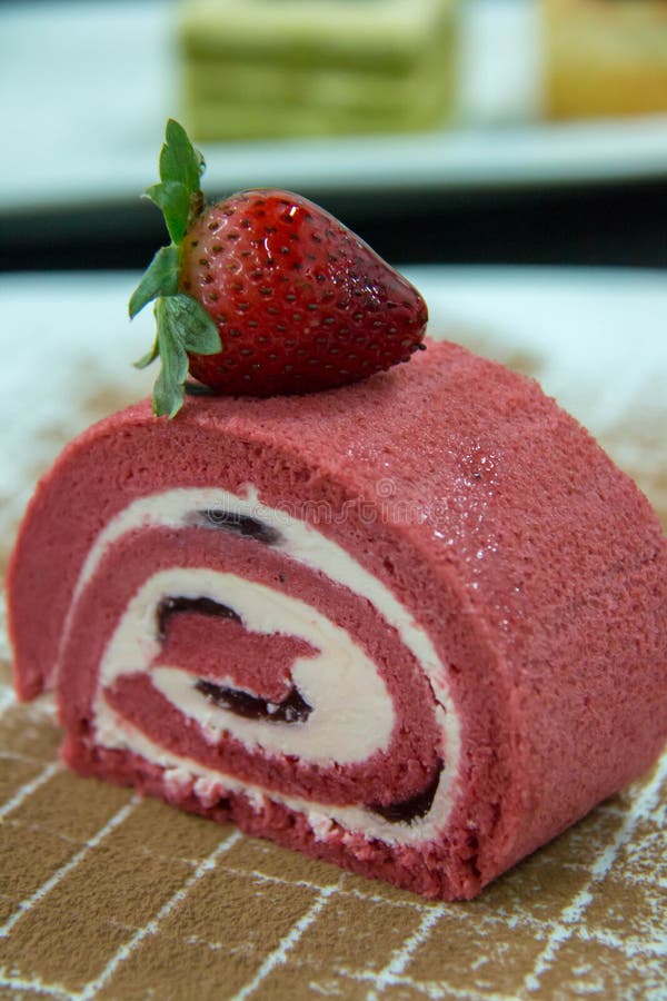 Red Velvet Roll on Top Fresh Strawberry Stock Image - Image of seasonal ...