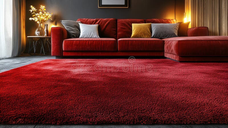 Red Velvet Sectional Sofa Sits on a Plush Red Rug Stock Illustration ...