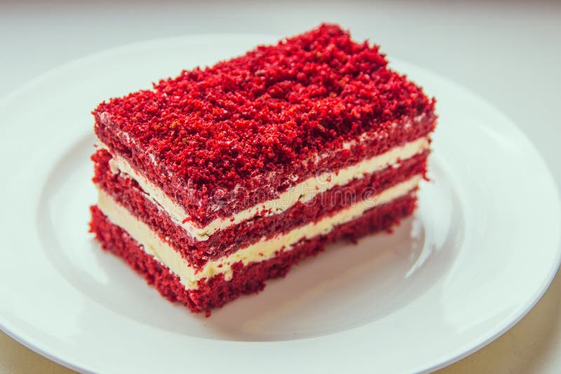 Red Velvet Slice of Cake on White Plate Stock Photo - Image of holiday ...