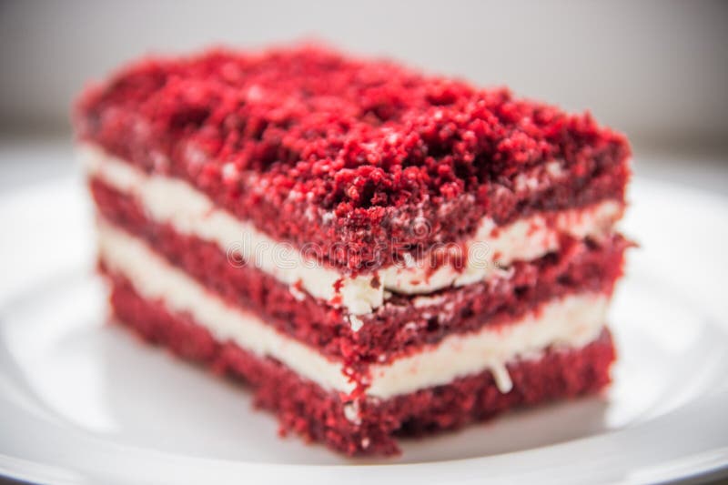 Red Velvet Slice of Cake on White Plate Stock Image - Image of birthday ...