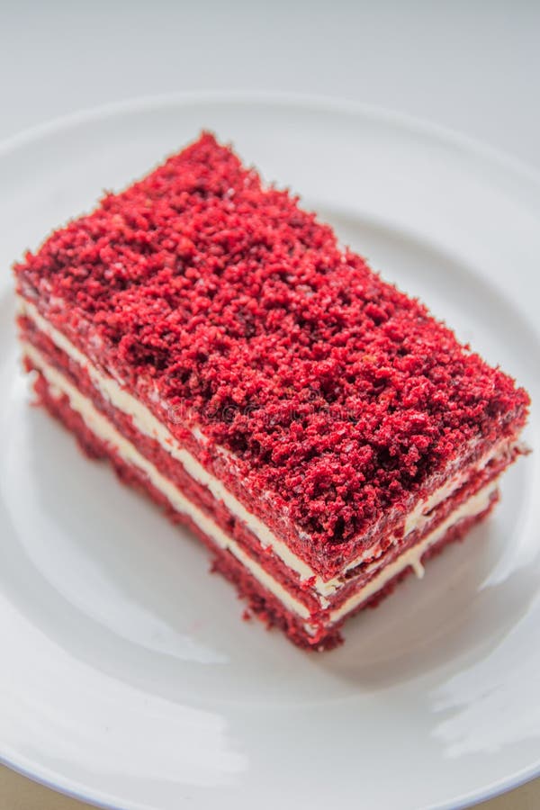 Red Velvet Slice of Cake on White Plate Stock Image - Image of single ...