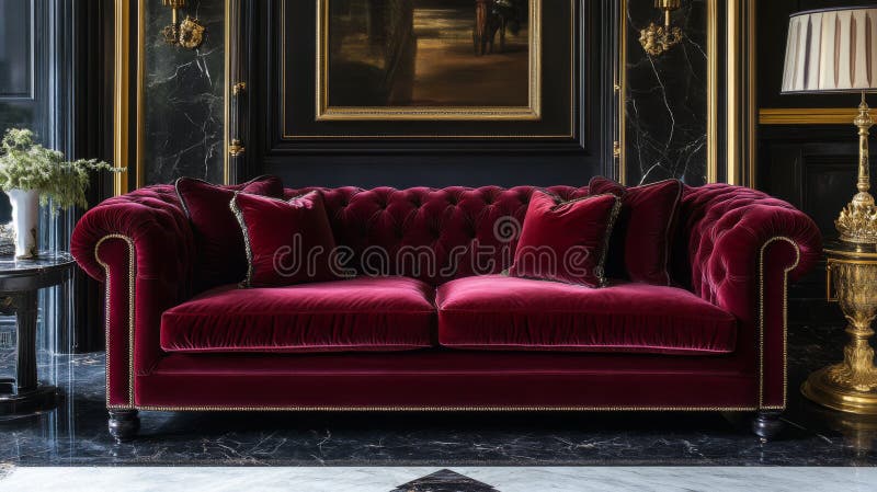 Red Velvet Sofa with Gold Accents in a Luxurious Interior Stock ...