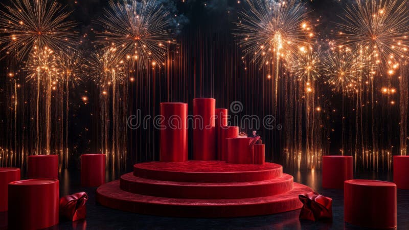 Red Velvet Stage with Fireworks Display Background Stock Illustration ...