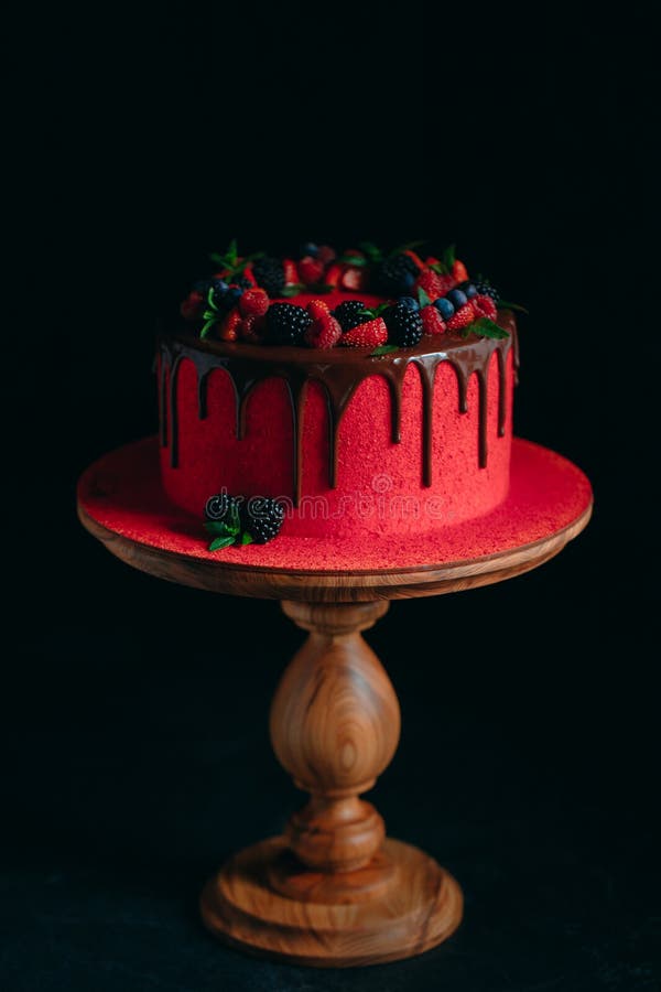 Red Velvet Summer Fruit Cake with Chocolate. Stock Image - Image of ...