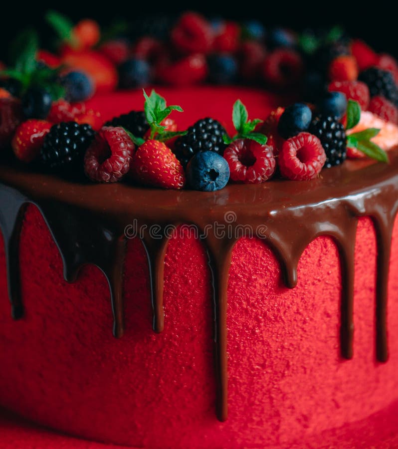Red Velvet Summer Fruit Cake with Chocolate. Stock Photo - Image of ...