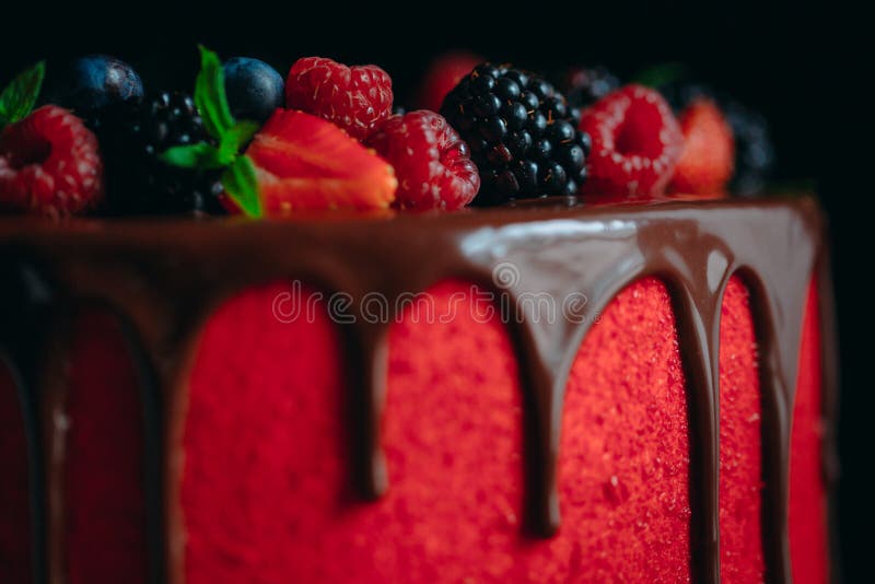 Red Velvet Summer Fruit Cake with Chocolate. Stock Image - Image of ...