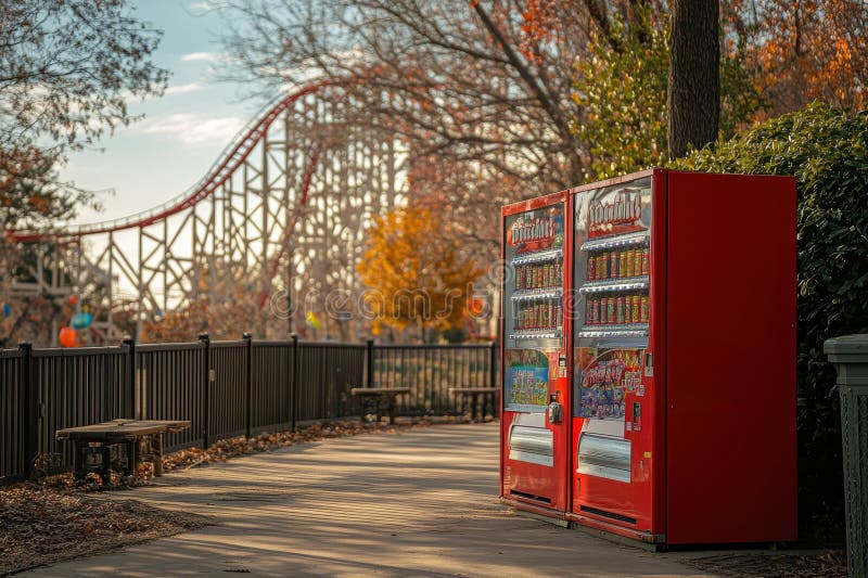 A Red Vending Machine is on a Sidewalk Next To a Park Stock Image ...