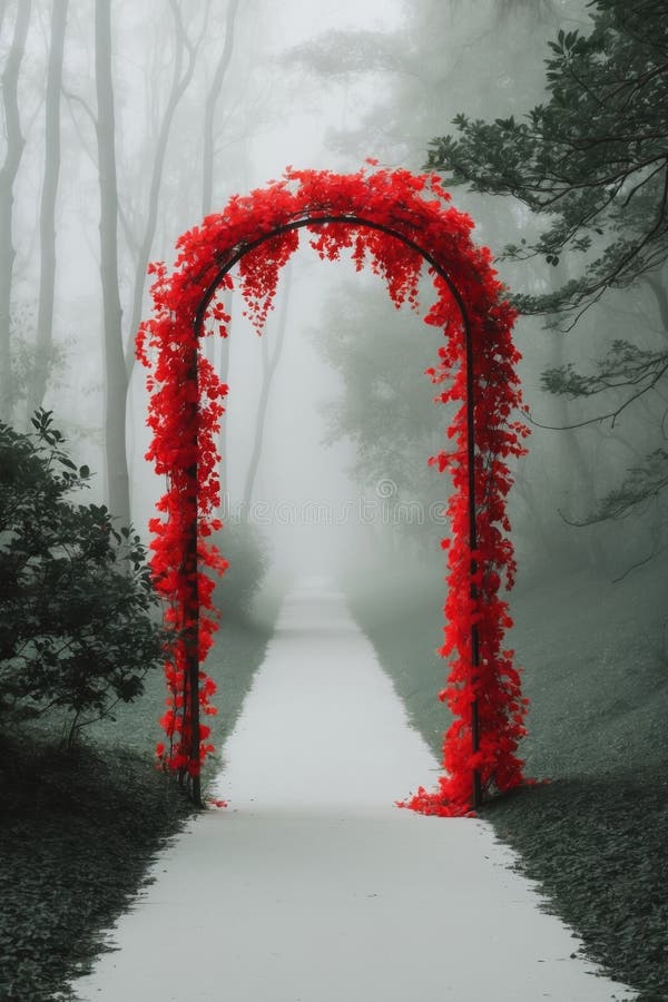 Red Vine Archway Leading To a Misty Forest Path. Stock Photo - Image of ...