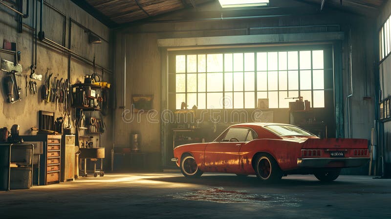 Red Vintage Car in Sunlit Classic Garage Workshop with Tools and ...