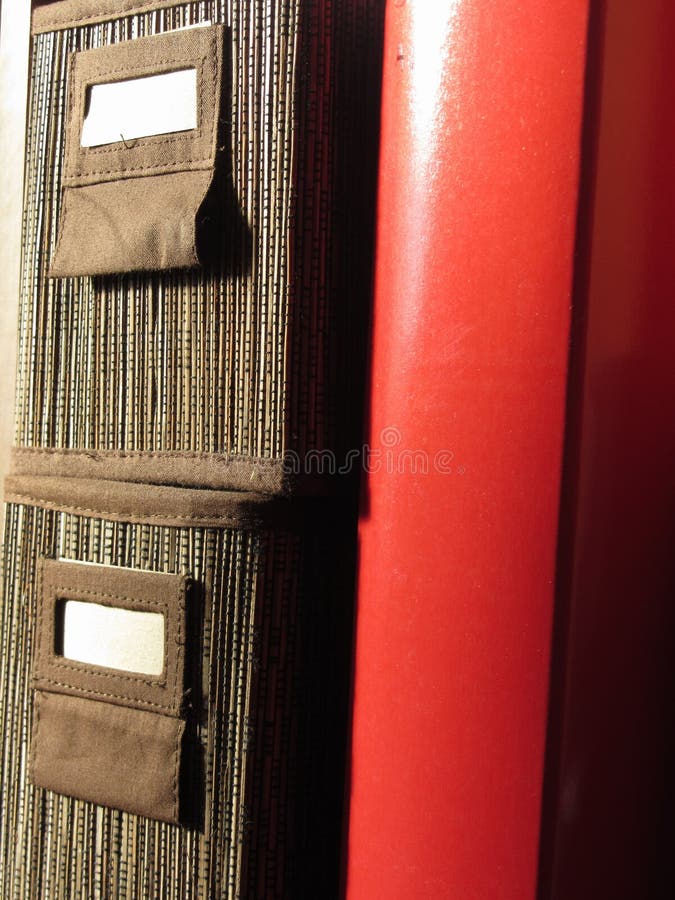Red and Vintage Folders Standing on Shelf Stock Image - Image of record ...