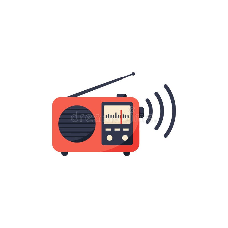 Retro Red Radio with Antenna Emitting Sound Waves in Flat Minimal Style ...