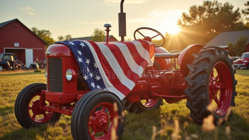 Red Vintage Tractor with American Flag at Sunset on Farm Stock Photo ...