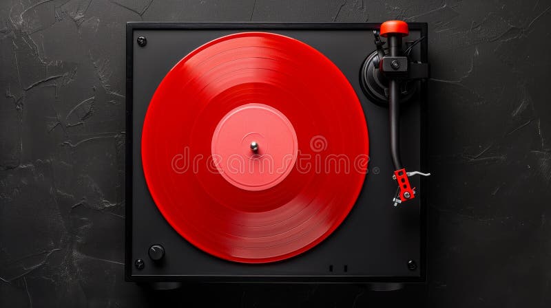 A Red Vinyl Record with a Pink Center is Spinning on a Black Turntable ...