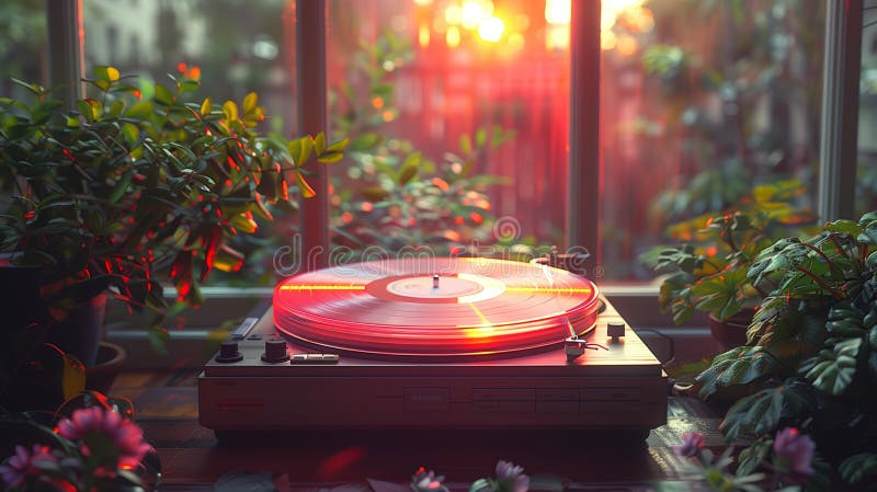 Red Vinyl Record Spinning on Turntable by Window at Sunset Stock Image ...
