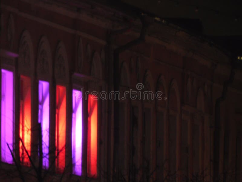 Violet Lights Night Scene with Full Moon and Water Reflection Stock ...