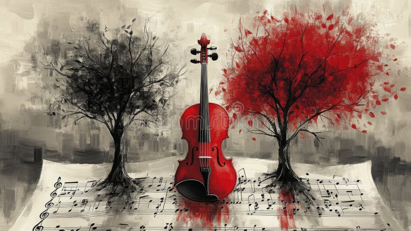 Red Violin on Musical Notes with Contrasting Trees Stock Image - Image ...