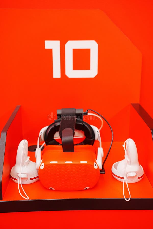Red Virtual Reality Helmet. a Device for Immersing the User in the Vr ...