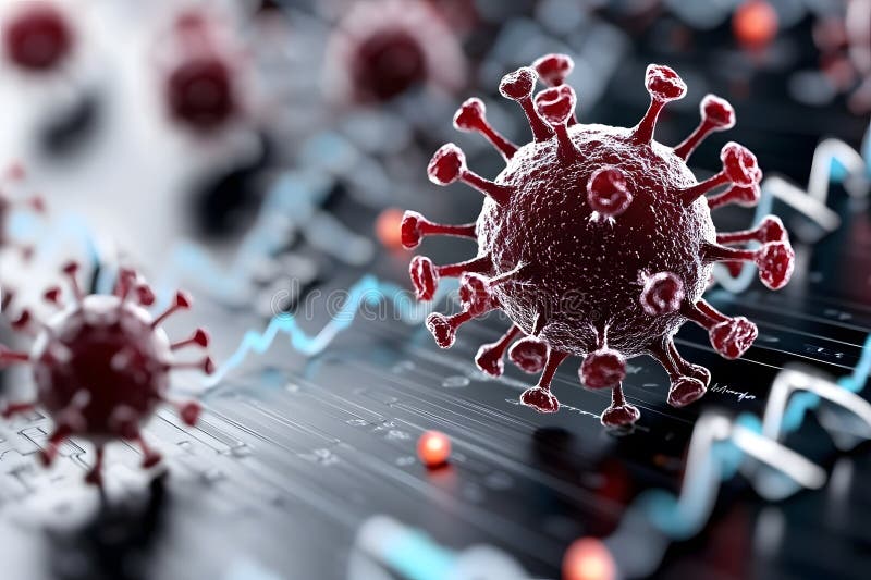 Red Virus Cell with Data Graphs Representing Infection Spread and ...