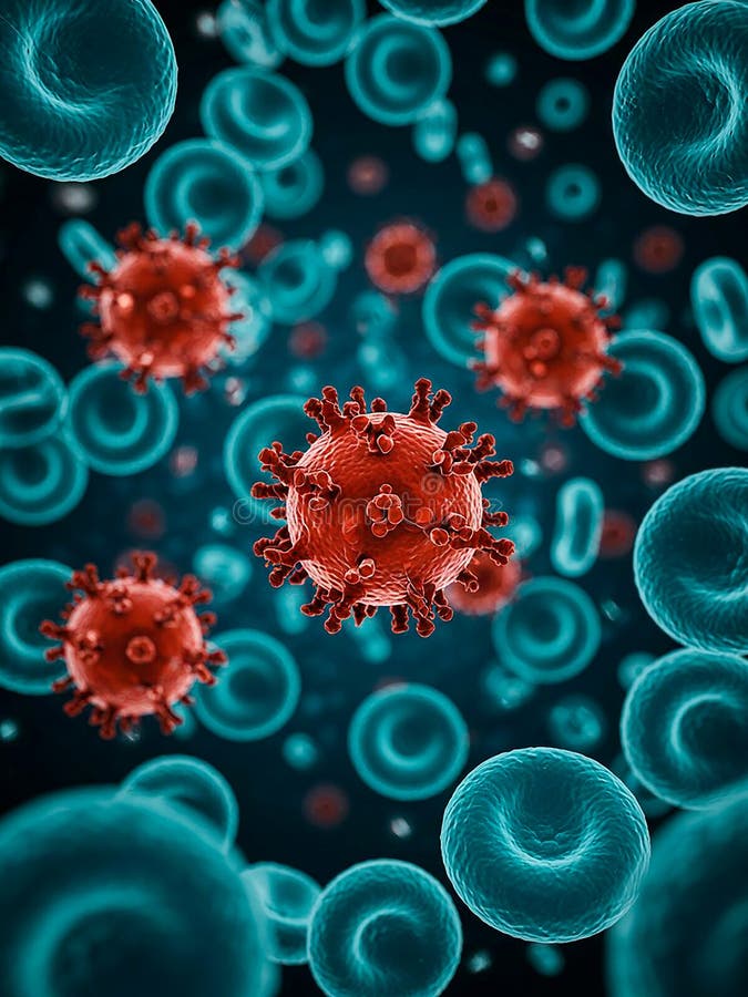 Red Virus Cells on a Blue Background of Blood Cells & X28;as Under a ...