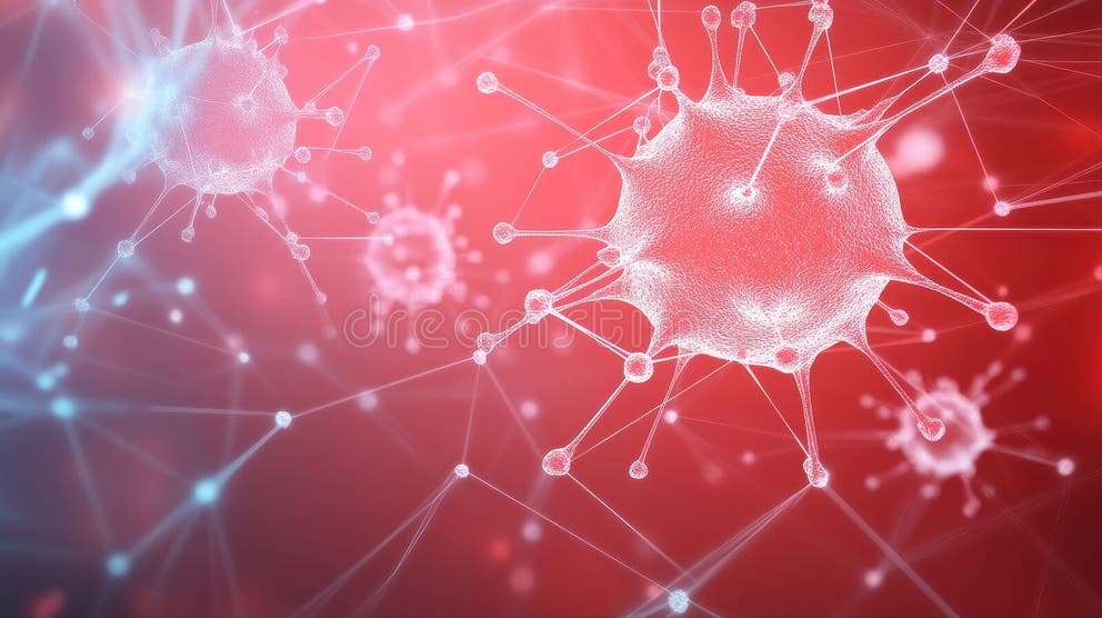 Red Virus Cells Spreading with Interconnected Web of Lines and ...