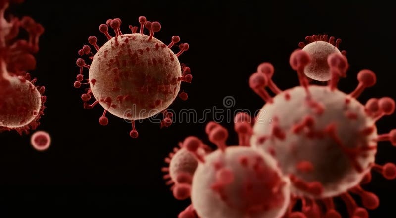 Red Virus Cells Under a Microscope Moving Chaotically. Microbiology ...