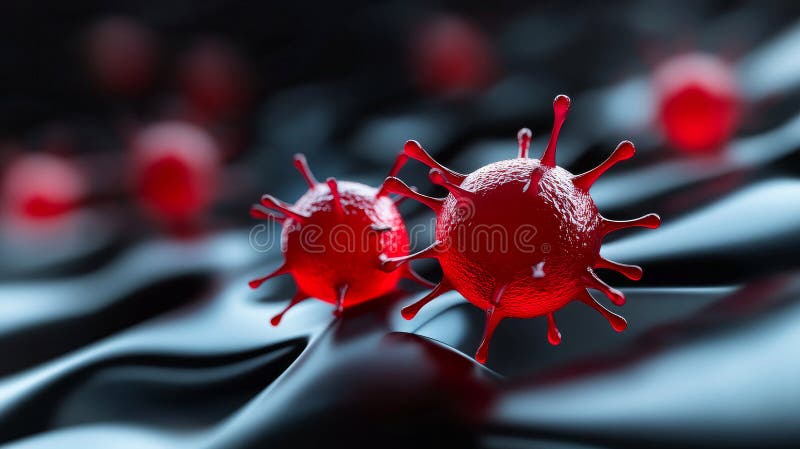 Red virus on dark surface stock photo. Image of microscopic - 369743376