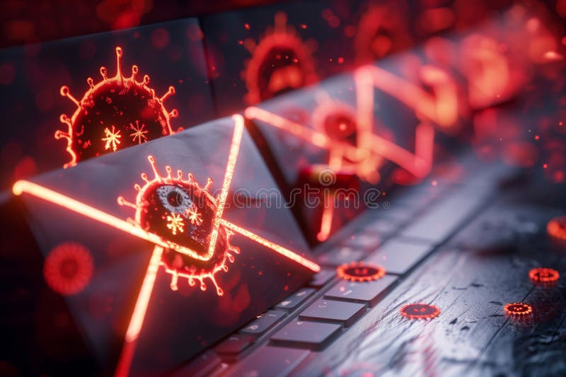 Red Virus Illustration on Open Email Envelope in Computer Inbox Stock ...