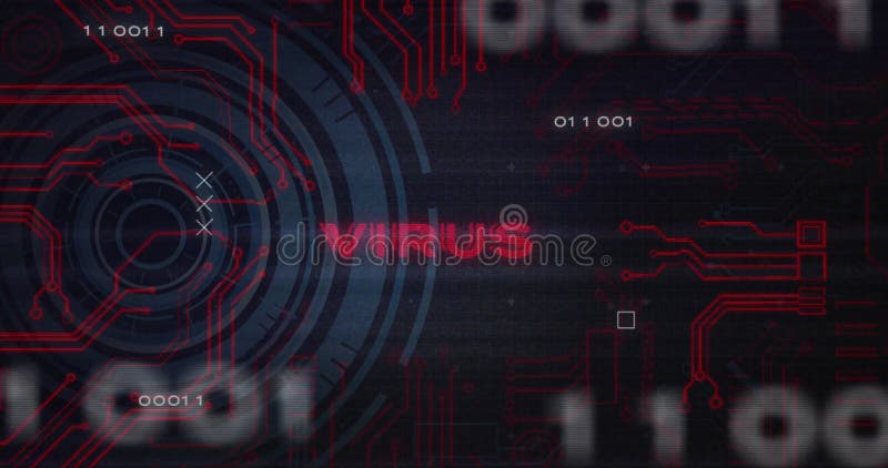 Red VIRUS Label Floating on Sci-fi Interface, Glitching Scan Lines and ...
